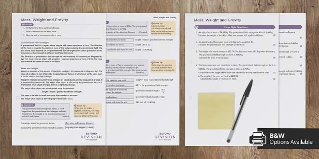 Mass, Weight and Gravity Revision Worksheet (teacher made)