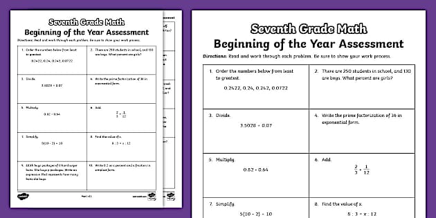 Seventh Grade Beginning of the Year Math Assessment - Twinkl