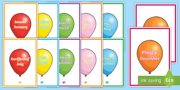 Welsh Birthday Months Balloons Display Posters | Twinkl