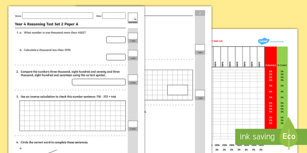 Year 4 Maths Reasoning Test Set 2 Assessment Pack And Analysis Grid