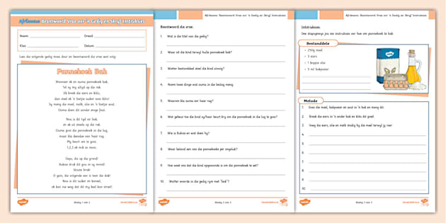 Afrikaans: Beantwoord Vrae oor 'n Gedig en Skryf Instruksies