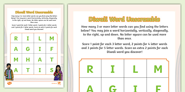 Diwali Word Unscramble Worksheet