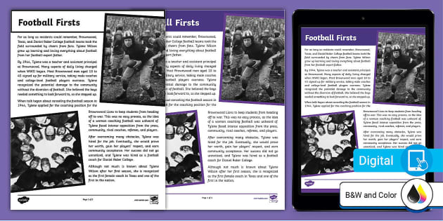 Eighth Grade Football Firsts - Women's Equality Reading Passage ...