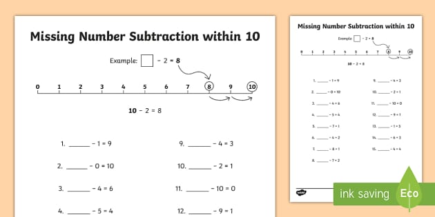 Missing Number Subtraction Within 10 Worksheet Twinkl