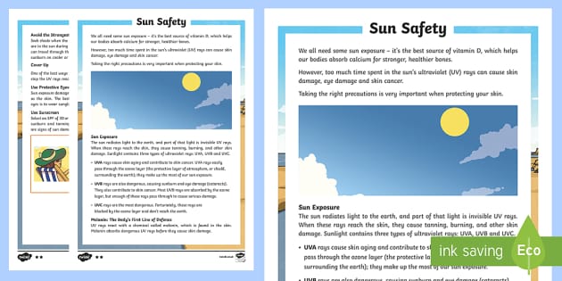 Sun Safety Differentiated Reading Comprehension Activity