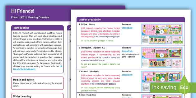 👉 French: KS1 Unit 1 Hi Friends! Planning Overview