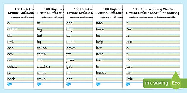 100 High Frequency Words Ground Grass and Sky Handwriting Worksheets