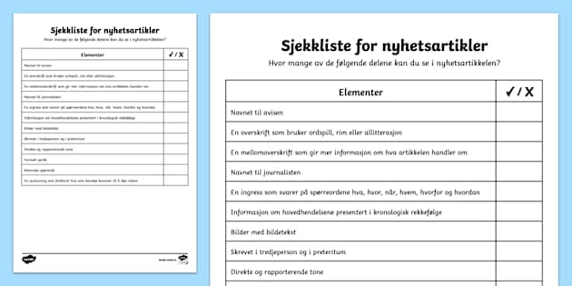 Sjekkliste for nyhetsartikler