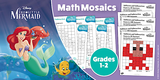 The Little Mermaid: Add and Subtract to 100 Math Worksheets