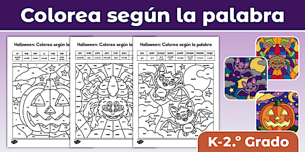 Colorea según la palabra: Hoja de trabajo de Halloween para kínder a ...
