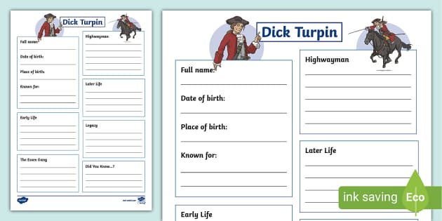 Dick Turpin Fact File Template, Dick Turpin - Twinkl