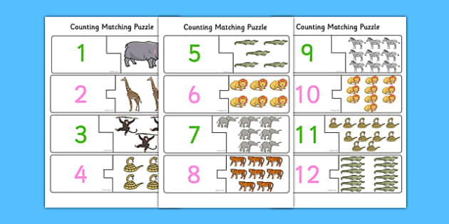 African Animals Themed One to Twelve Counting Matching Puzzle