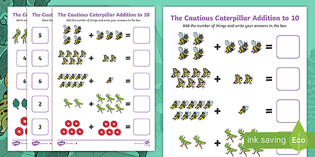 The Cautious Caterpillar Addition to 10 Worksheet