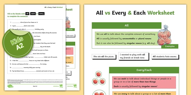 ESL All vs Every & Each Activity Sheet [Kids, A2]