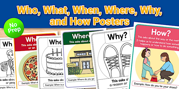 First Grade Who, What, When, Where, Why, and How Posters