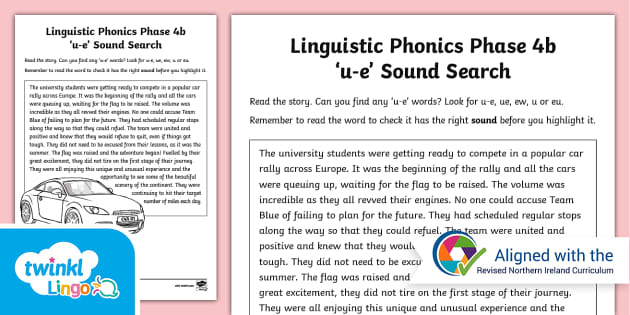 Northern Ireland Linguistic Phonics 4b 'u-e' Sound Search Worksheet