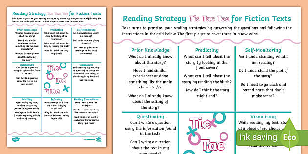 Reading Strategy Tic Tac Toe For Fiction Texts Worksheet