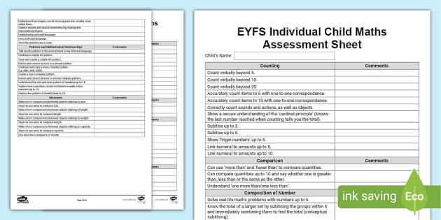 EYFS Individual Child Maths Assessment Sheet EYFS 2021