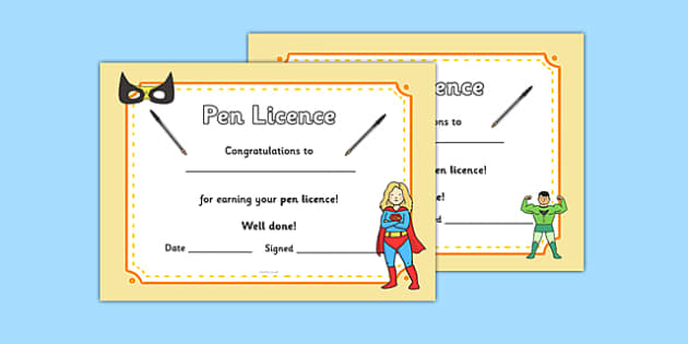 Superhero Themed Pen License Certificate (teacher made)