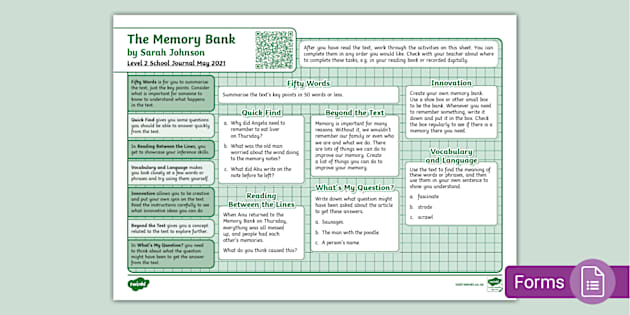 Level 2 May 2021 School Journal: The Memory Bank - Twinkl