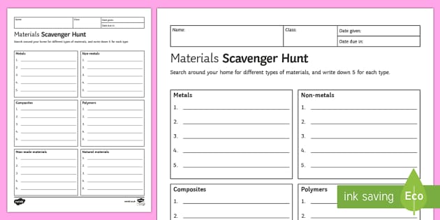 Materials Scavenger Hunt Homework Worksheet / Worksheet