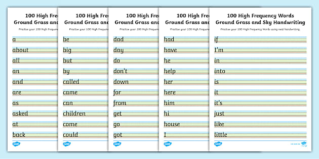 NSW 100 High Frequency Words Ground Grass and Sky Handwriting Worksheets