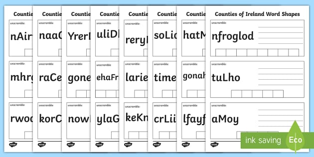 Counties of Ireland Word Shapes Worksheet / Worksheet