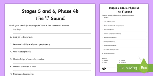 Northern Ireland Linguistic Phonics Stage 5 and 6, Phase 4b, 'l' Sound Word