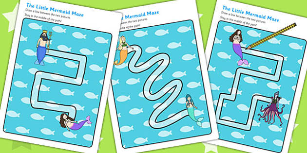 The Little Mermaid Pencil Control Path Worksheets - motor skills