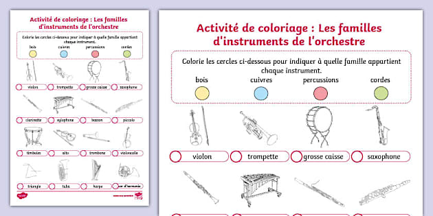 Activité de coloriage : Les familles d'instruments de l'orchestre