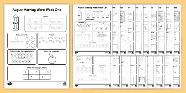 Kindergarten August Morning Work Bundle (teacher made)