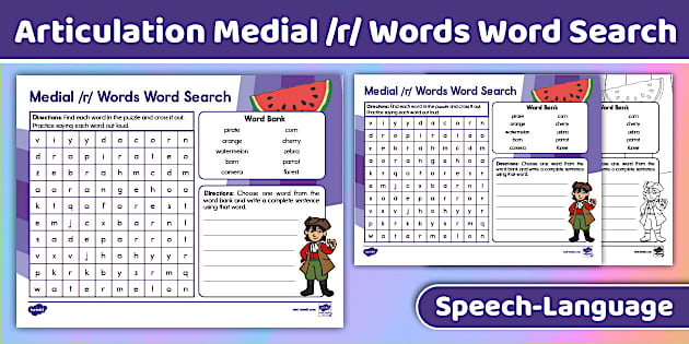 Articulation Medial /r/ Words Word Search for SLP