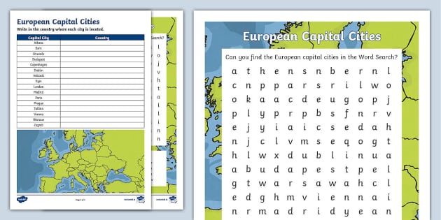 Europe Day - European capitals word search and quiz - Twinkl