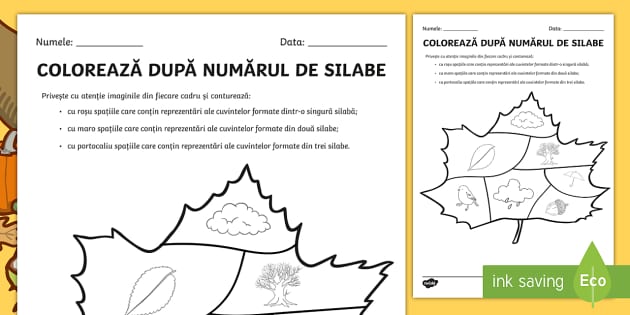 Colorează după numărul de silabe Fișă de lucru - Twinkl