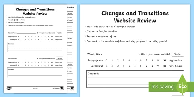 Changes and Transitions Website Review Activity - AC9HP6P02