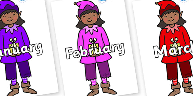 Months of the Year on Girl Elves (Multicolour) - Twinkl
