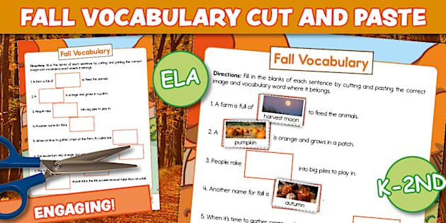 Fall Vocabulary Cut and Paste Worksheet for K-2nd Grade