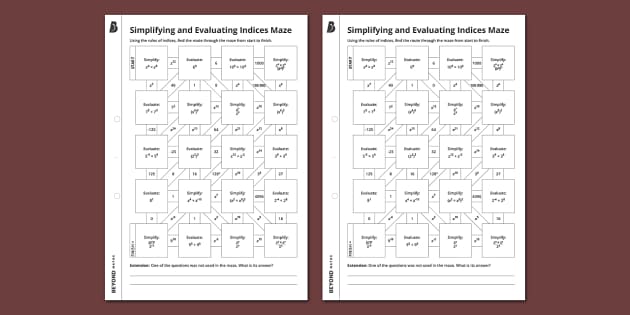 👉 Simplifying and Evaluating Indices Maze (teacher made)