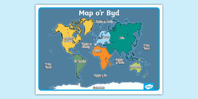 Map o’r Byd gydag Enwau’r Cyfandiroedd a’r Cefnforoedd
