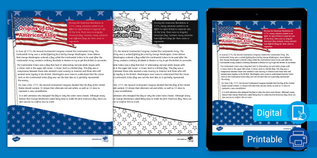 Eighth Grade Origins of the American Flag Reading Passage Comprehension