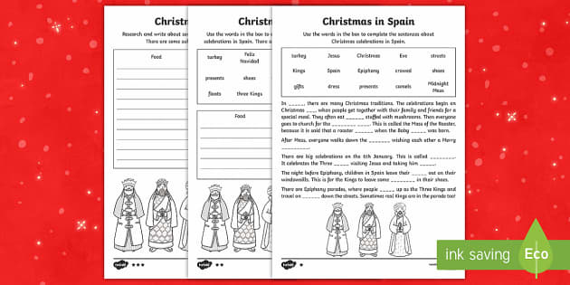 KS1 Christmas in Spain Differentiated Writing Worksheet / Worksheet