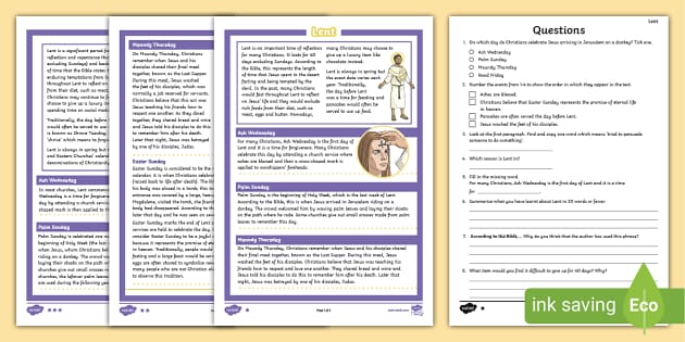 UKS2 Lent Differentiated Reading Comprehension Activity