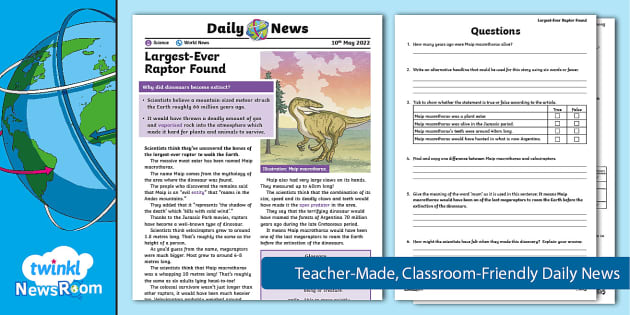 Daily NewsRoom Article - Largest-Ever Raptor Found (ages 9-11)