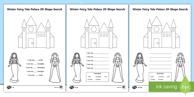 Winter Fairy Tale Palace 2D Shape Search Activity, princess colouring