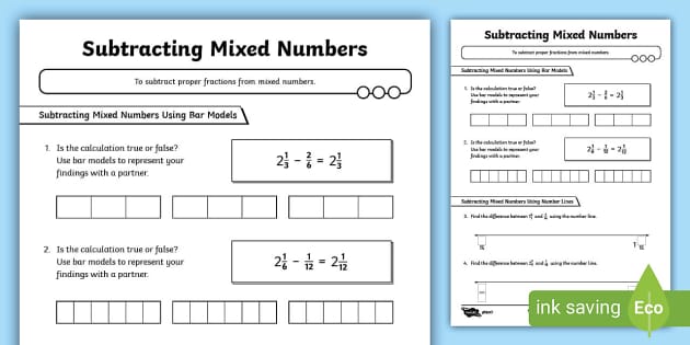  Subtract Mixed Numbers Differentiated Maths Activity Sheet