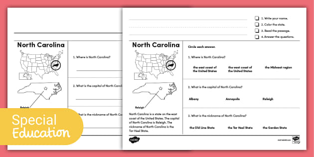 North Carolina Activity Page for Special Education - Twinkl