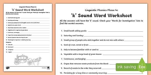 Linguistic Phonics Phase 4c 'k' Sound Word Worksheet