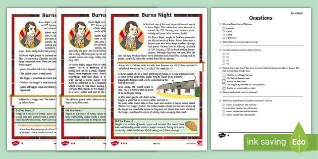LKS2 Burns Night Differentiated Reading Comprehension Activity
