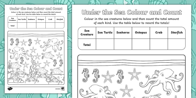 Under the Sea Colour and Count Worksheet (teacher made)