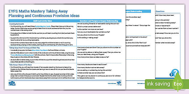 👉 EYFS Maths Mastery Taking Away Planning and Continuous Provision Ideas